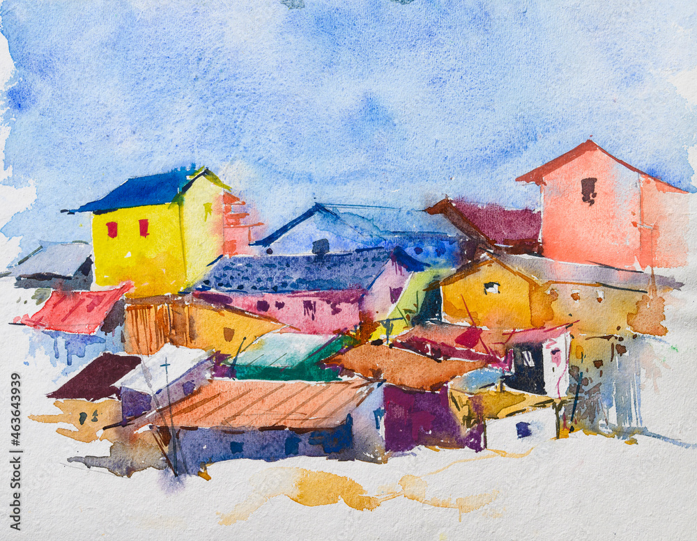 Watercolor painting of closely built buildings. Hand painted ...