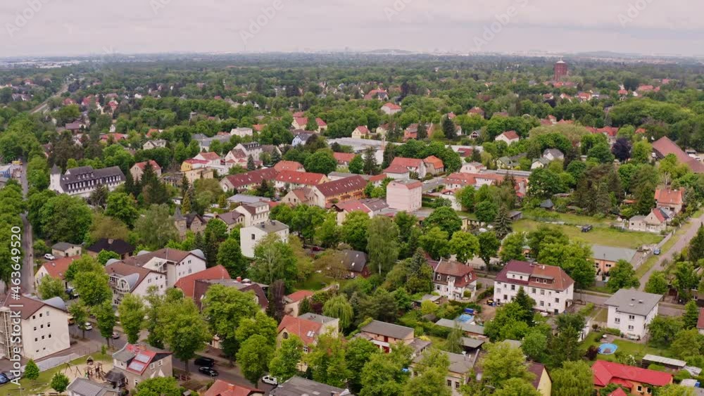 Sideways aerial view of Neuenhagen, a small town in Germany in the ...