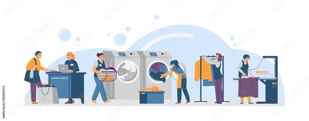 Professional laundry workers washing and ironing, vector illustration ...