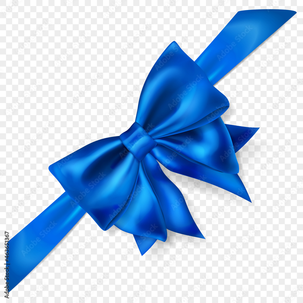 Beautiful blue bow with diagonally ribbon with shadow, isolated on ...