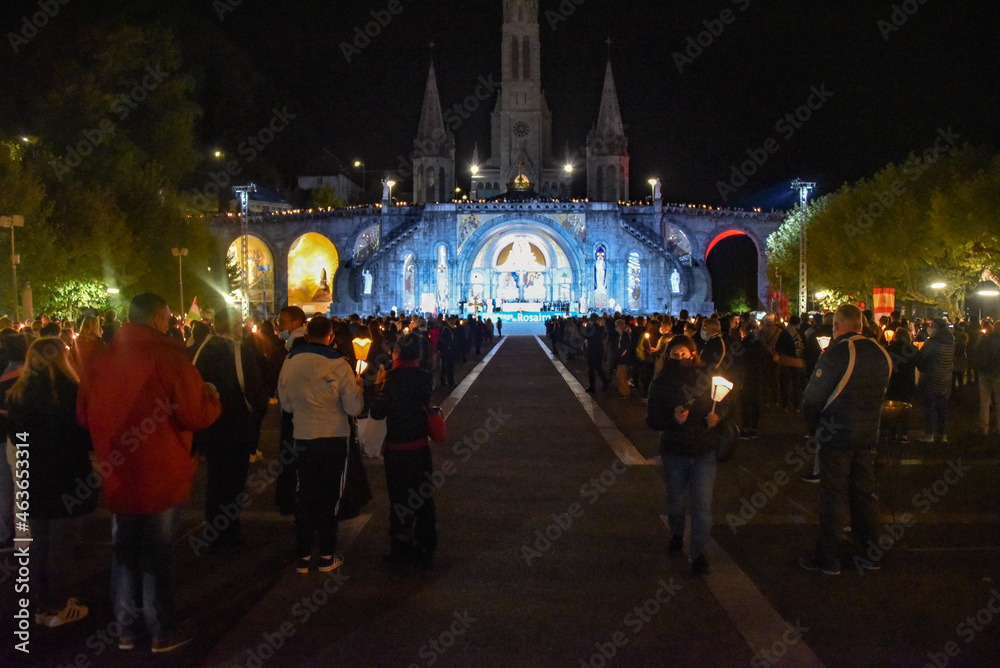Lourdes, France - 9 Oct 2021: Pilgrims attend the Marian Torchlight ...