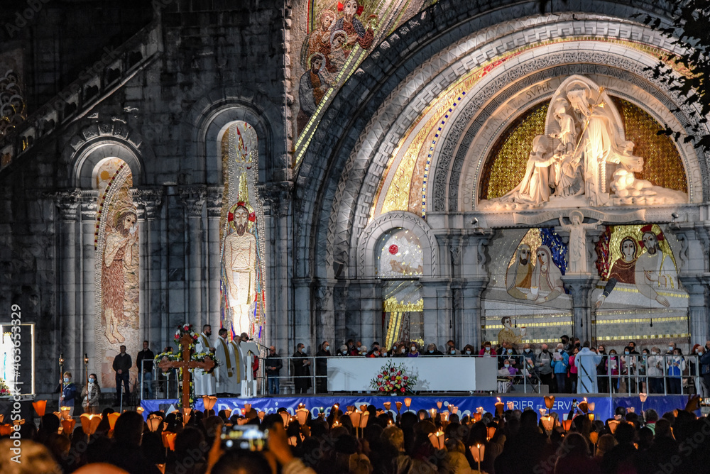 Lourdes, France - 9 Oct 2021: Pilgrims attend the Marian Torchlight ...
