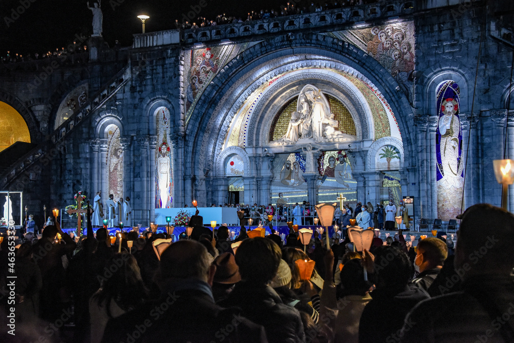 Lourdes, France - 9 Oct 2021: Pilgrims attend the Marian Torchlight ...