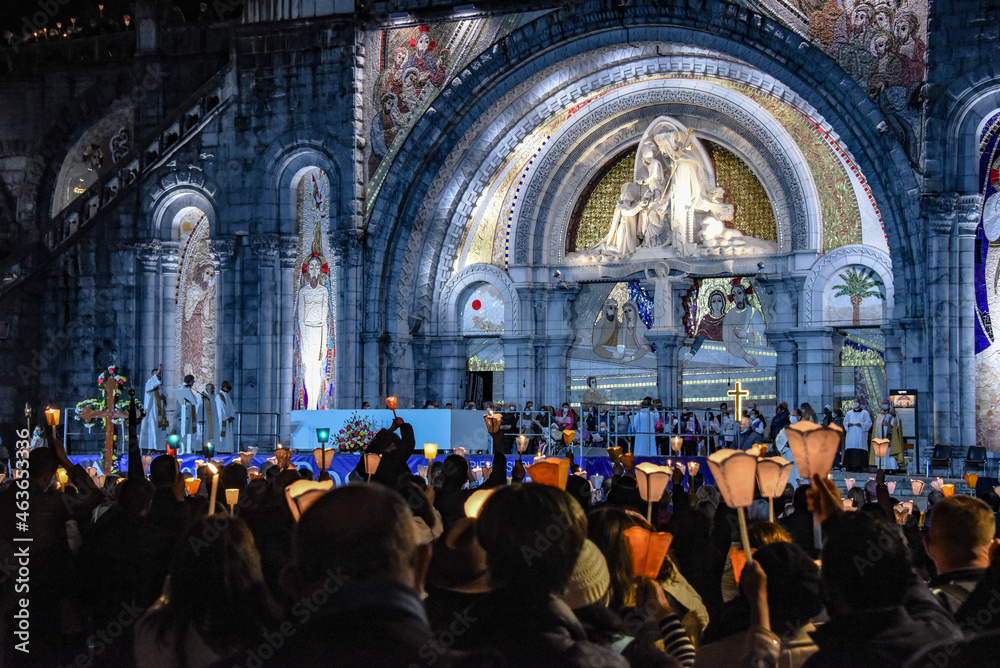 Lourdes, France - 9 Oct 2021: Pilgrims attend the Marian Torchlight ...