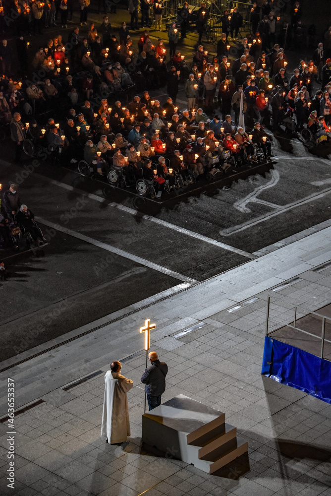 Lourdes, France - 9 Oct 2021: Pilgrims attend the Marian Torchlight ...