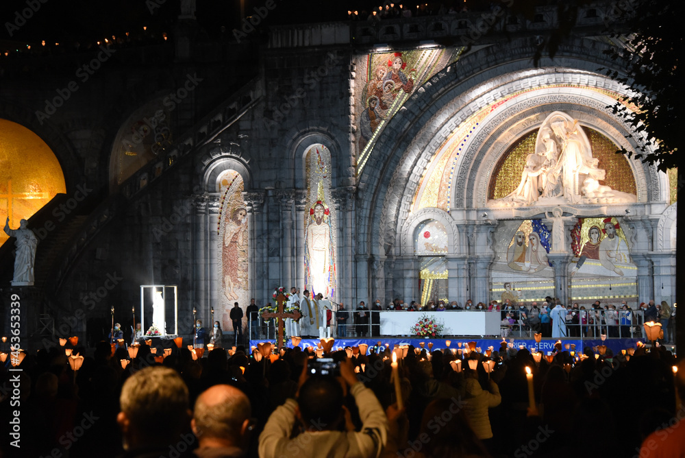Lourdes, France - 9 Oct 2021: Pilgrims attend the Marian Torchlight ...