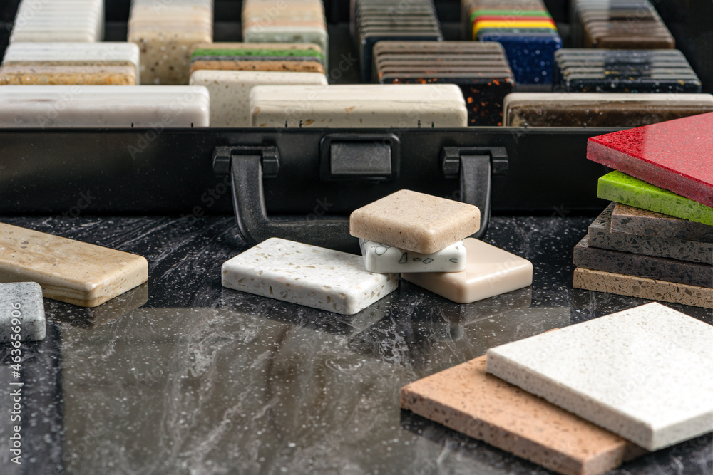 Large selection of stone samples for countertops and floors. Pieces of ...