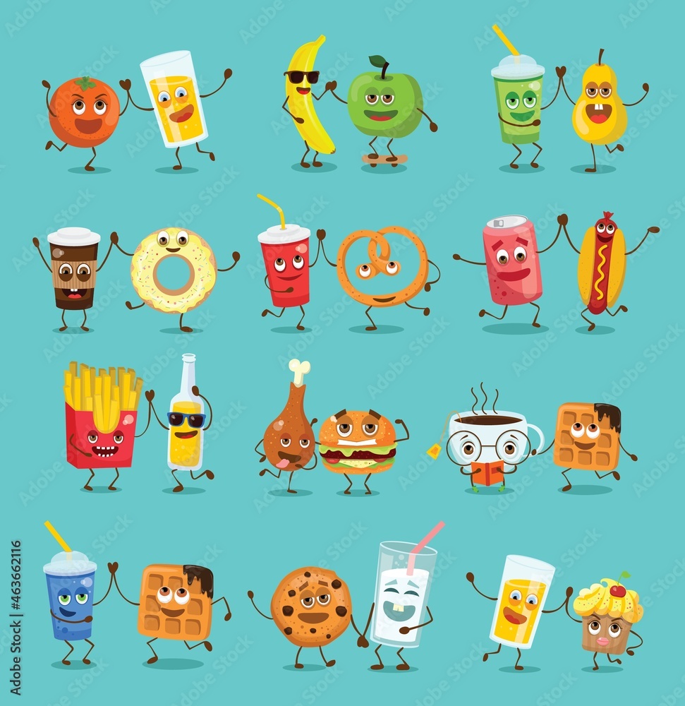 Cute funny food and drink characters set, best friends, funny fast food ...