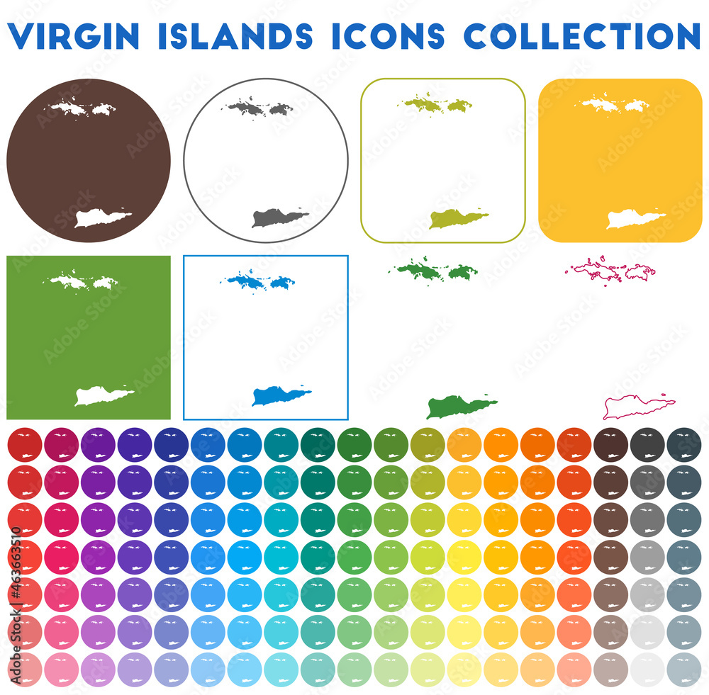 Virgin Islands icons collection. Bright colourful trendy map icons ...