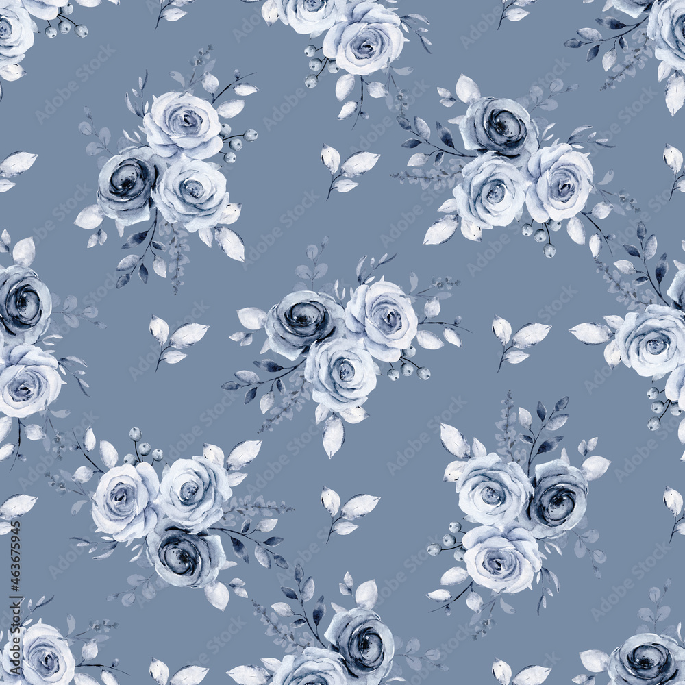 Seamless pattern with watercolor flowers navy blue roses, repeat floral ...