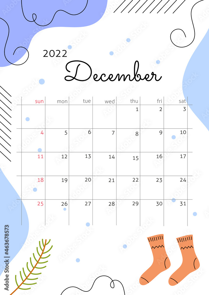 Month December 2022 with abstract elements, lines, socks, snow and fir ...