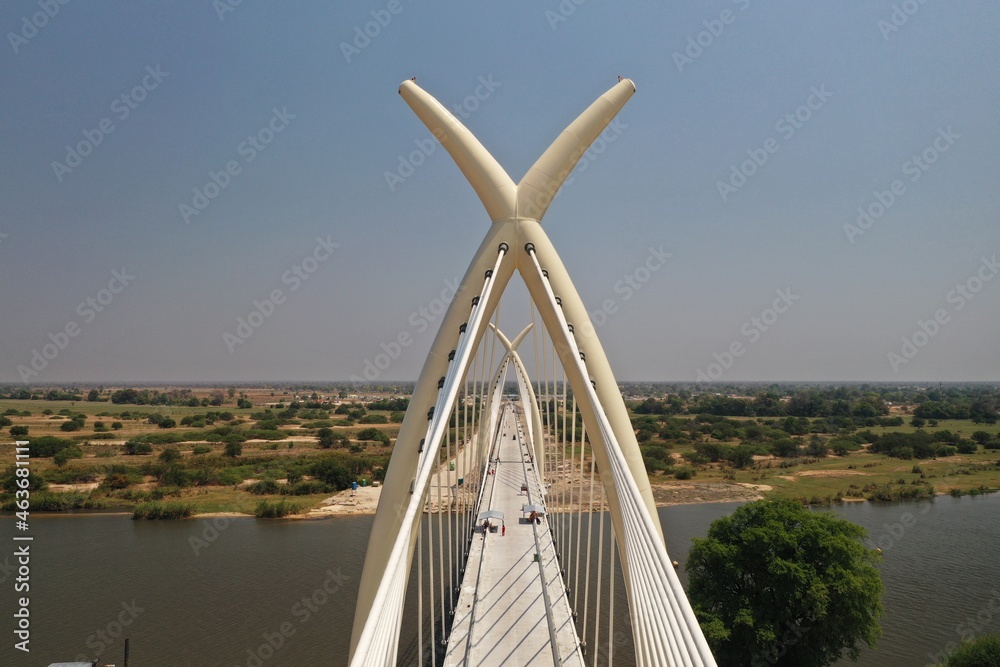 Aerial view of the elephant horn inspired bridge that crosses the ...