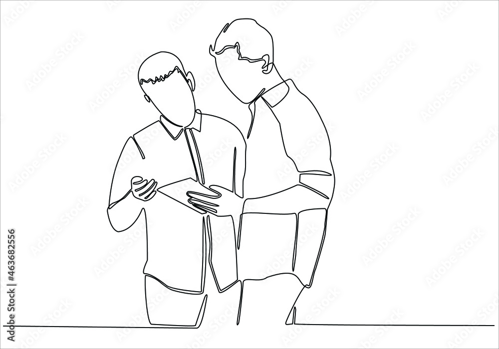 Continuous line drawing of two men studying. Two young students sit in ...