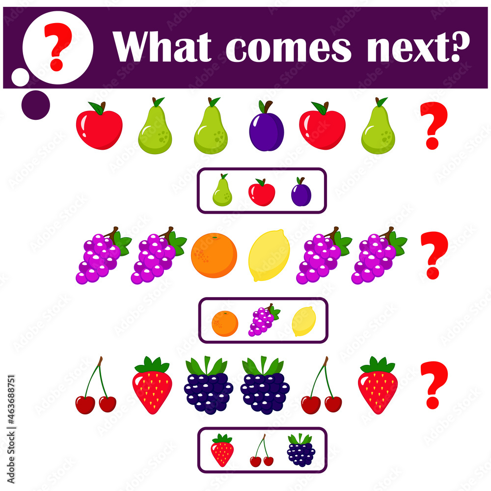 Educational math game for kids. Complete the logical rows of fruits ...
