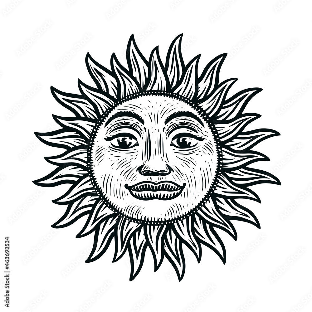 Sun with rays in vintage engraving style. Hand drawn sketch vector ...