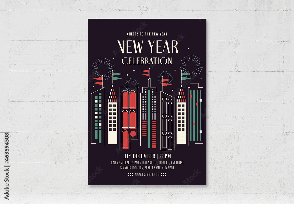 Retro Nye New Years Eve Party Flyer Poster with Mid Century Style Stock ...