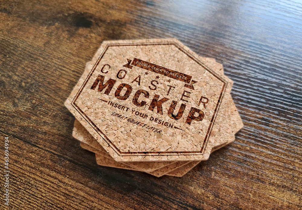 Coaster Stack Logo Mockup on Wooden Surface Stock Template | Adobe Stock