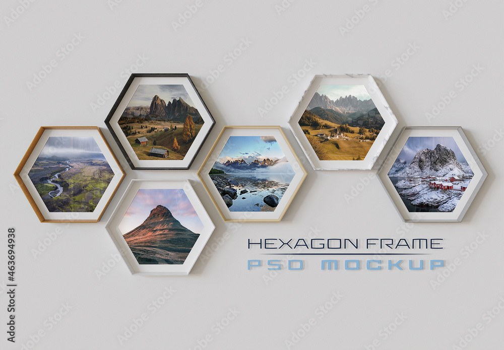 Hexagon Photo Frames Mockup Hanging on Wall Stock Template | Adobe Stock