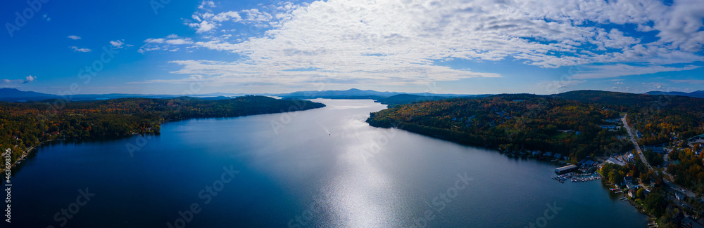 Panoramic aerial view of Meredith Bay in Lake Winnipesaukee in fall ...