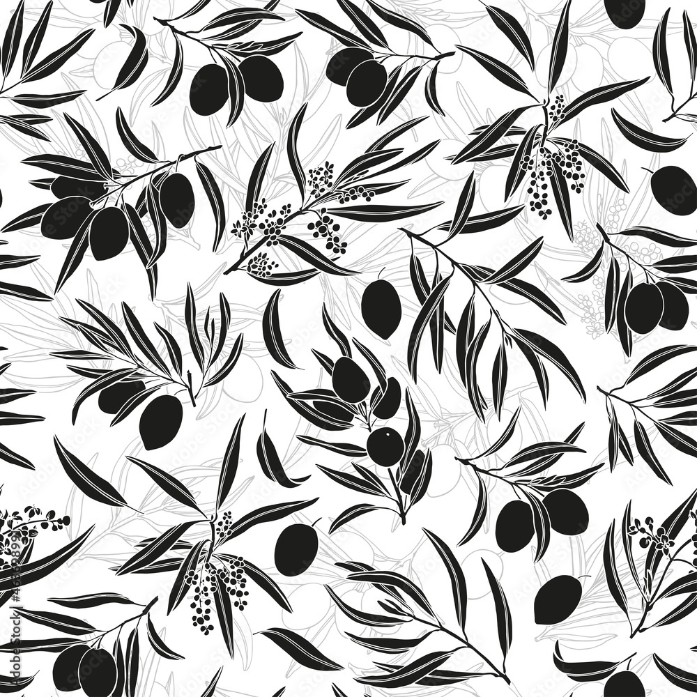 Seamless vector pattern of olive tree sprig, black silhouette on white ...