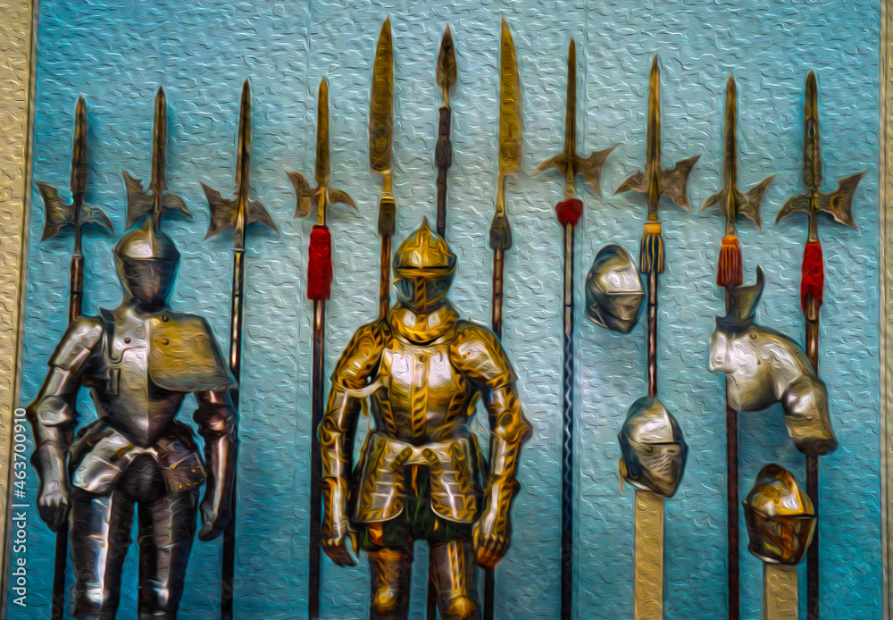 Medieval armors and weapons at the Metropolitan Museum in New York. One ...