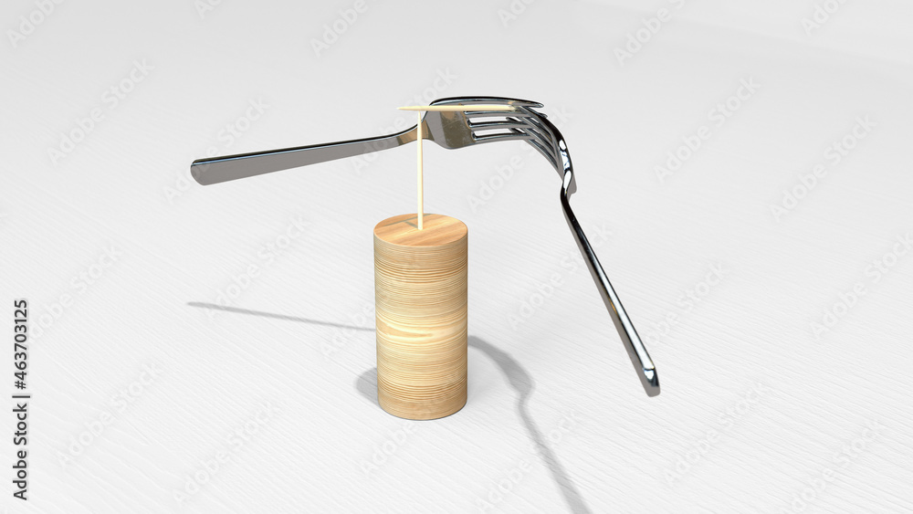Balancing forks experiment on white background. 3D Rendering. Stock ...