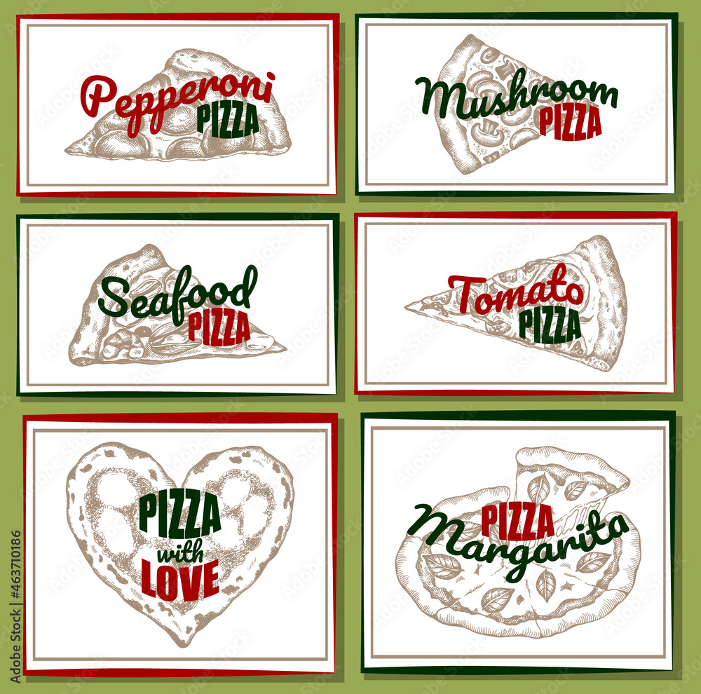 Line art hand drawn template with red and green italian pizza on white ...