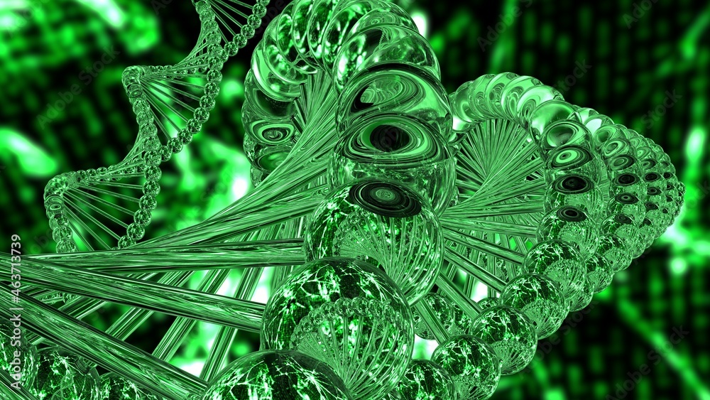 Science Molecular Glass DNA Model Structure under green flash light. 3D ...