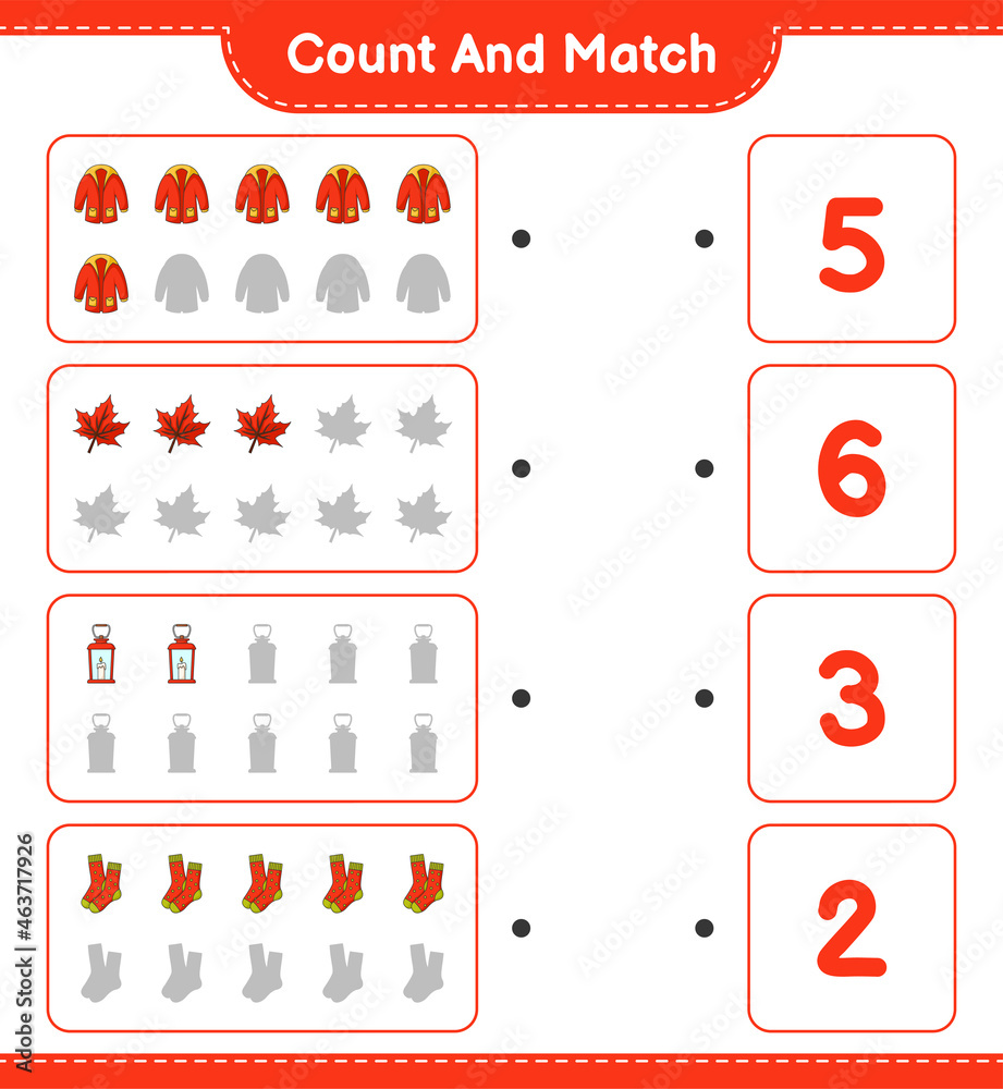Count and match, count the number of Lantern, Socks, Warm Clothes ...