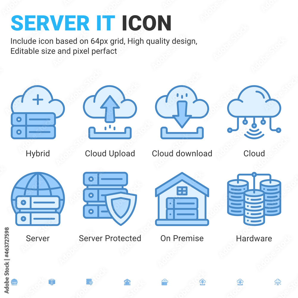 Server IT and technology icon set. Editable size. With blue ui style on ...