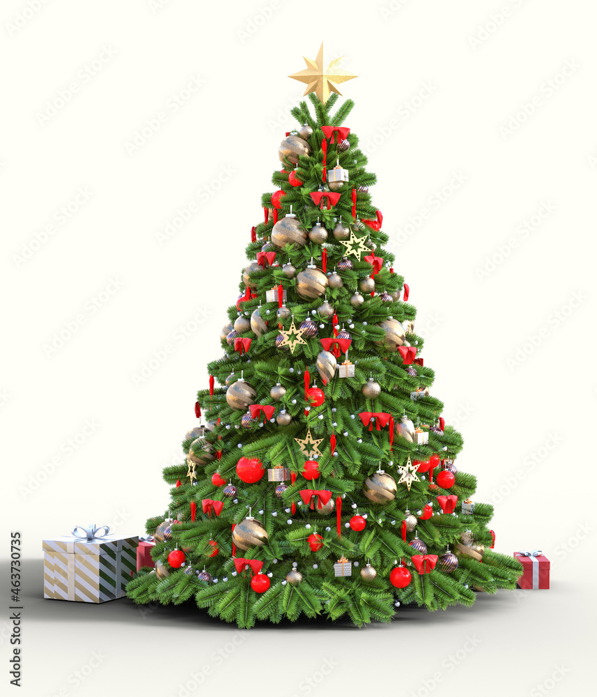 3D CHRISTMAS TREE WITH GIFTS AND STAR ON ISOLATED BACKGROUND ilustração ...