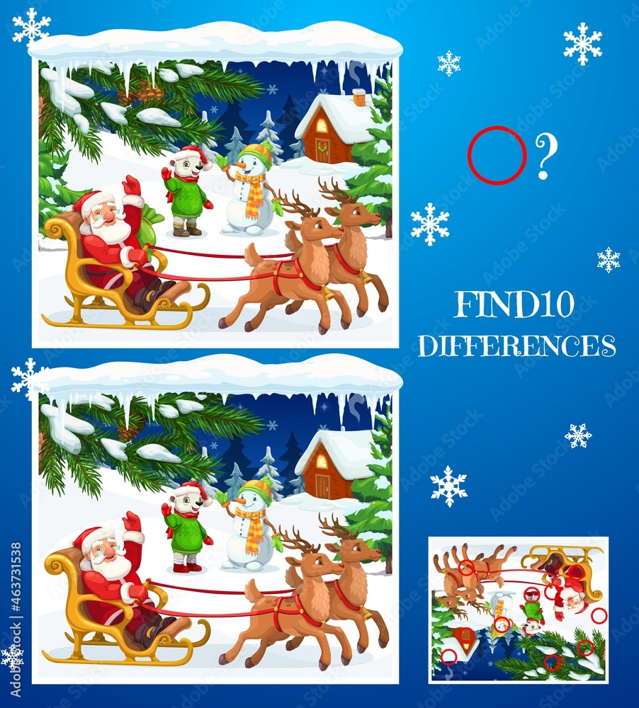 Child find differences maze with Christmas characters. Santa riding ...
