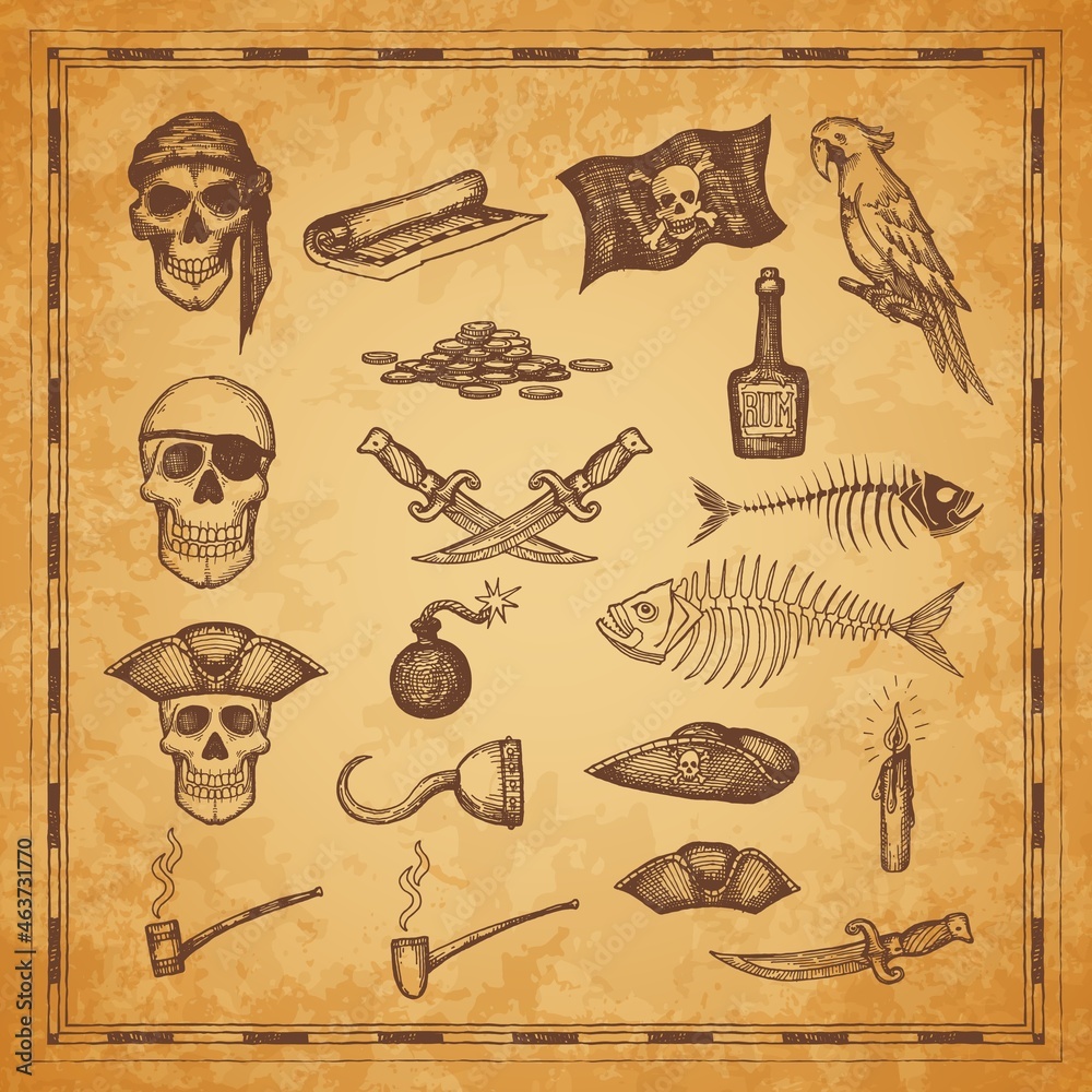 Pirate map and flag, skull, dagger and fish bones, vector sketch ...