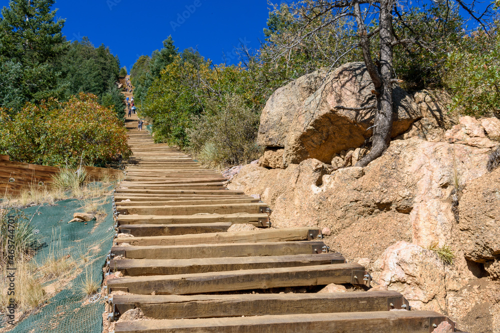 Wooden steps leading up to the top of Manitou Incline. Manitou Springs ...
