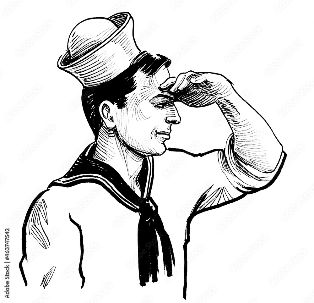 Navy sailor looking into the distance. ink black and white drawing ...