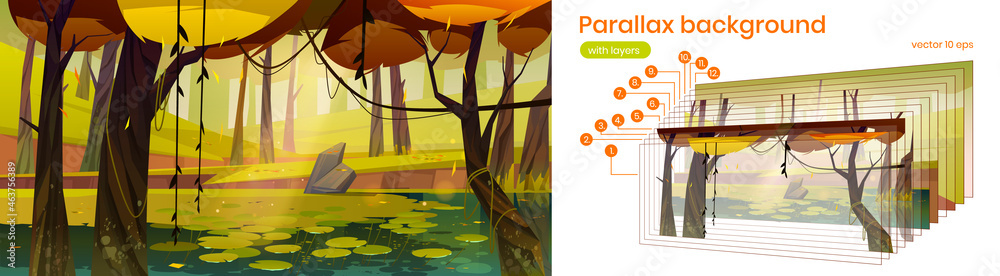 Autumn landscape with forest and lake. Vector parallax background for ...