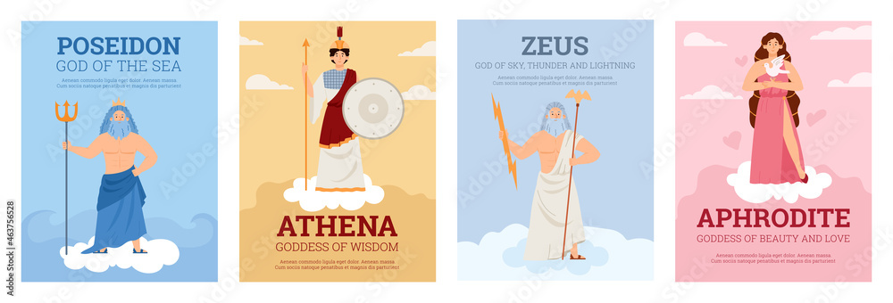 Set of vector posters with olympian goddesses and gods ancient greek ...