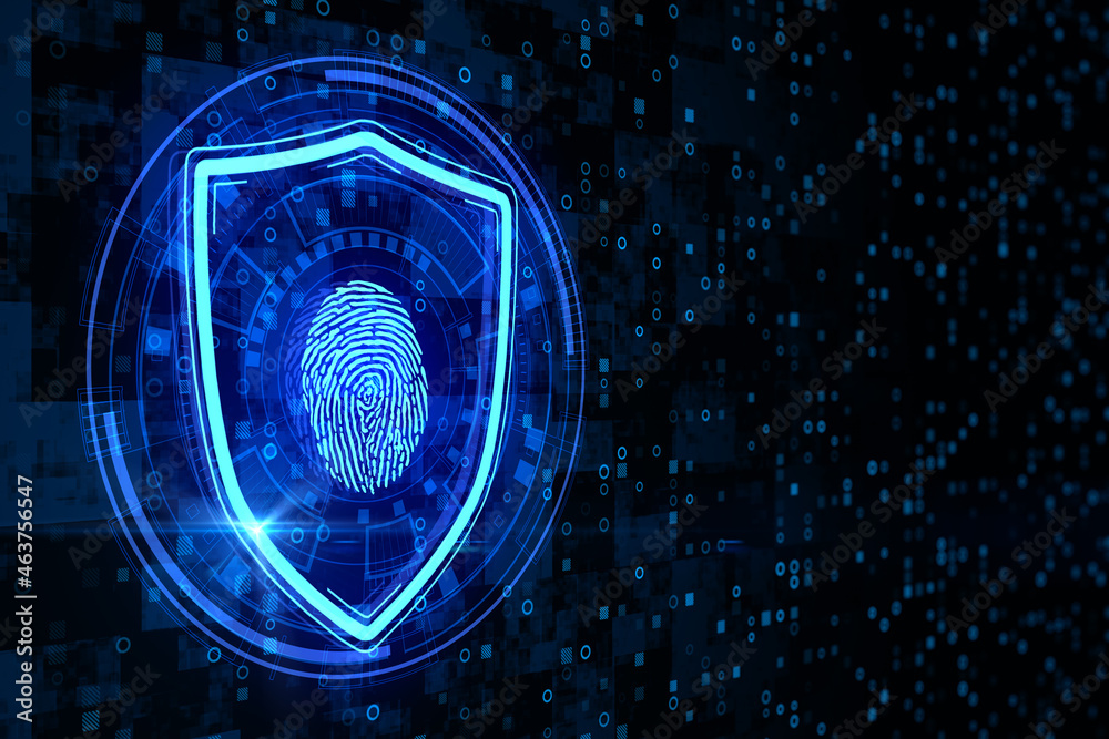 Abstract Glowing Shield With Fingerprint Icon On Dark Binary Code Background With Mock Up Place