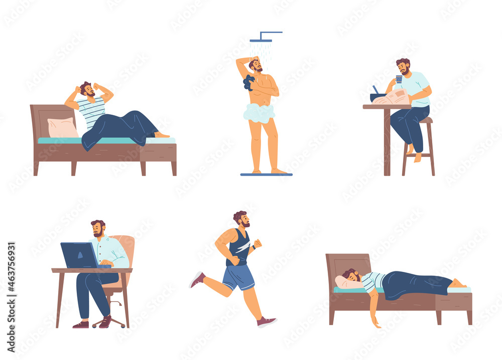 Man daily routine chores and activities set, flat vector illustration ...