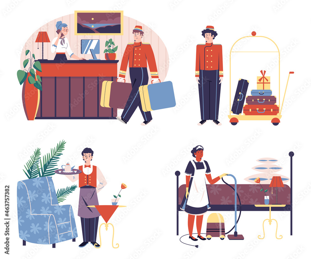 Set of hotel staff scenes in flat cartoon style vector illustration ...