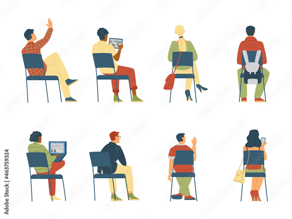 Set of people sitting on chairs with their backs, female and male ...