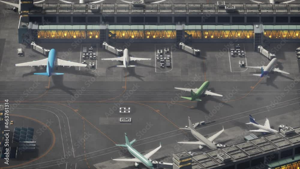 Aerial View of a 3D Commercial Airport Render with Planes, Passenger ...