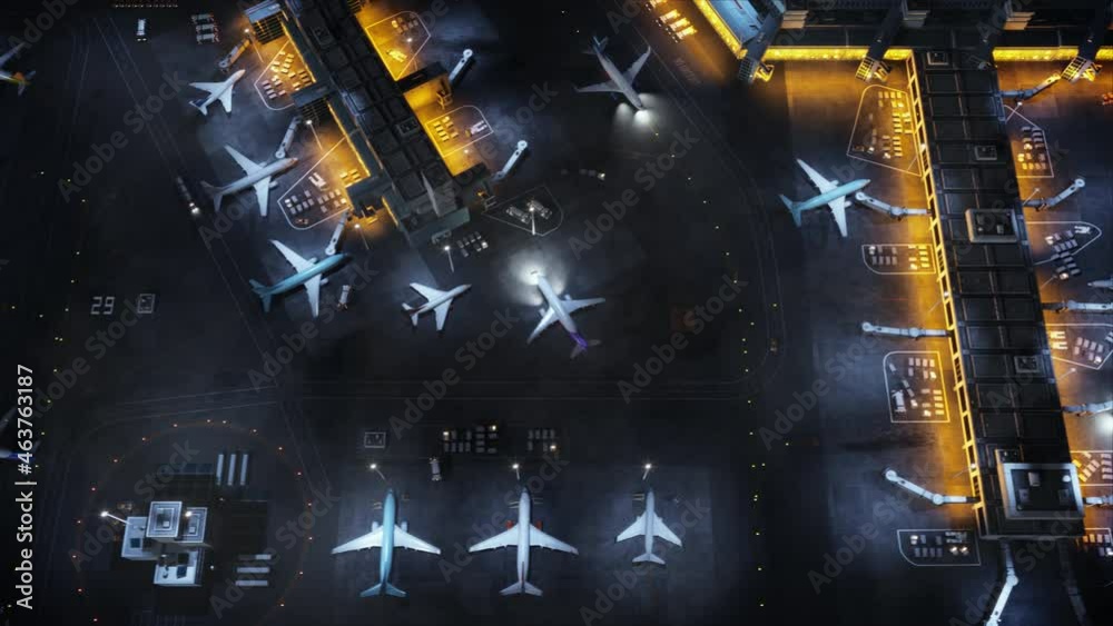 Aerial View of a 3D Commercial Airport Render with Airplanes, Passenger ...