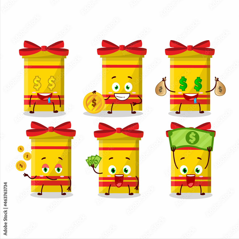 Yellow long gift box cartoon character with cute emoticon bring money ...