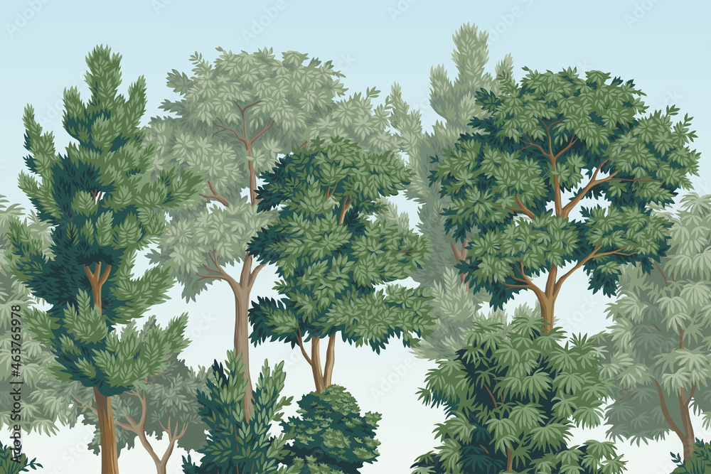 Park vintage botanical landscape, trees, bush floral seamless border ...