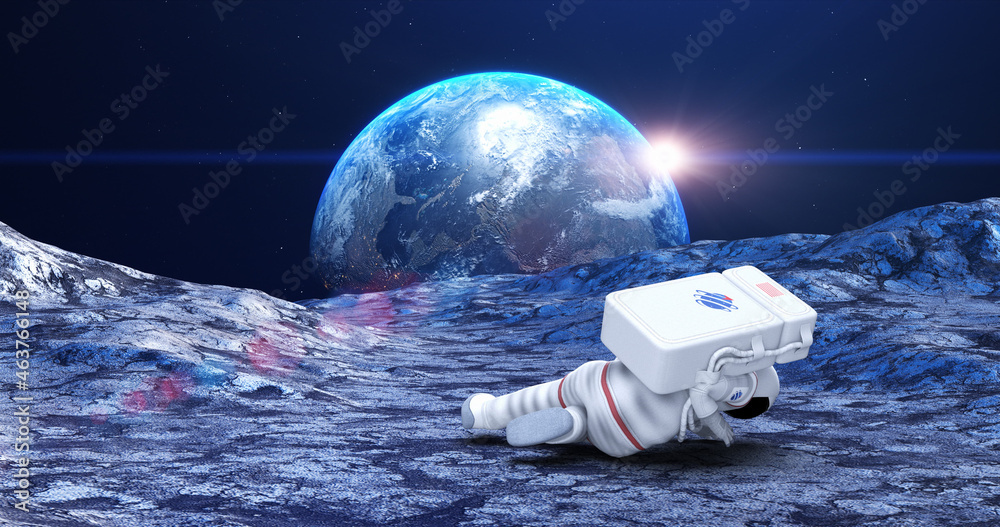 Astronaut Tripping And Falling Down On Planet Surface. Planet Earth On ...
