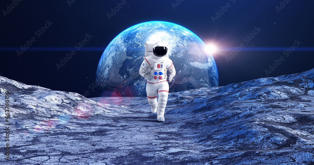 Brave Astronaut Running On A Planet Surface In Slow Motion. Space And ...
