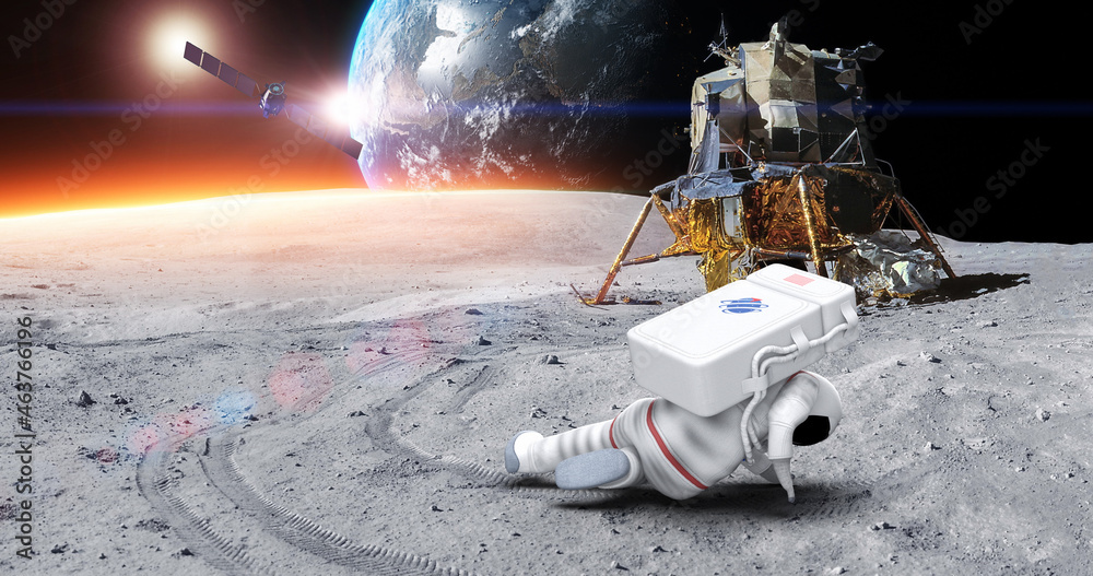 Astronaut Tripping And Falling Down On Planet Surface. Planet Earth On ...