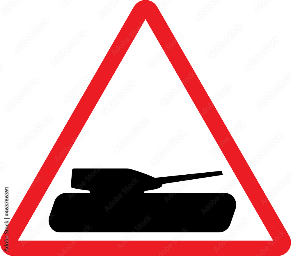 Slow moving military vehicles - tank crossing sign. Red triangle ...