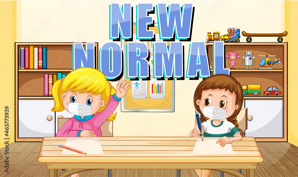 New Normal text design with students wearing face masks in the ...